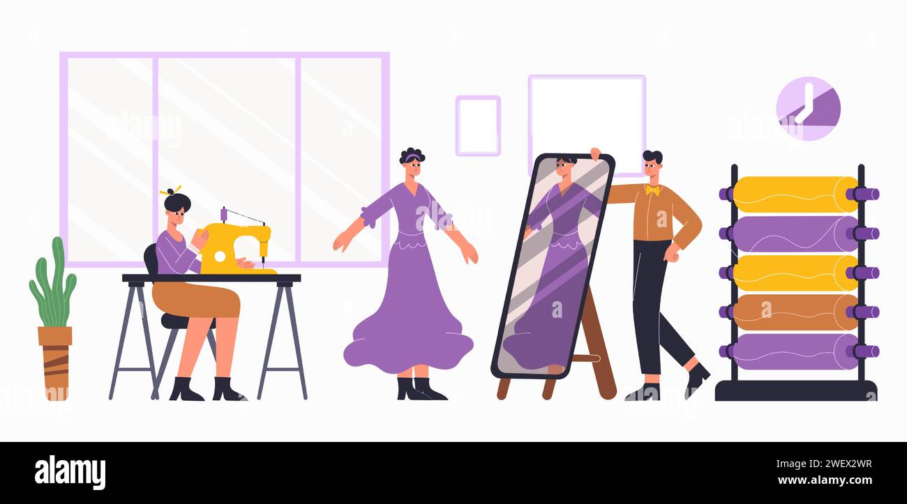 Fashion atelier workers, sewing, dressmaking workshop interior. Vector ...