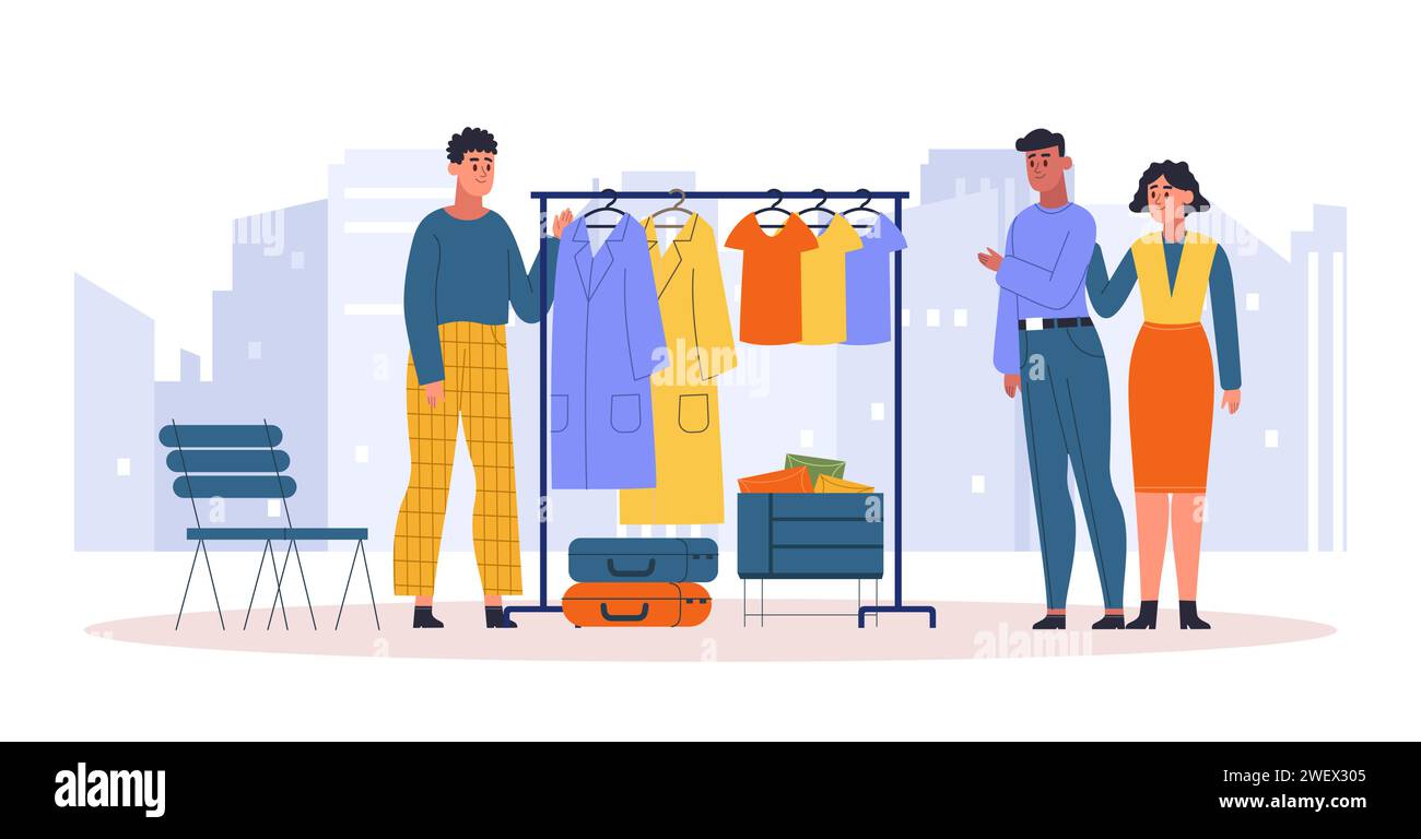 Garage sale event, flea market and city rag fair. Vector of old shop ...