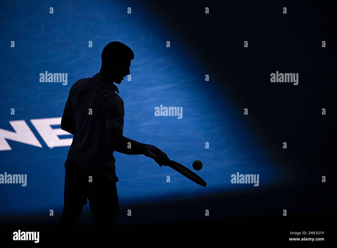 Melbourne, Australie. 26th Jan, 2024. Novak Djokovic in the dark ...
