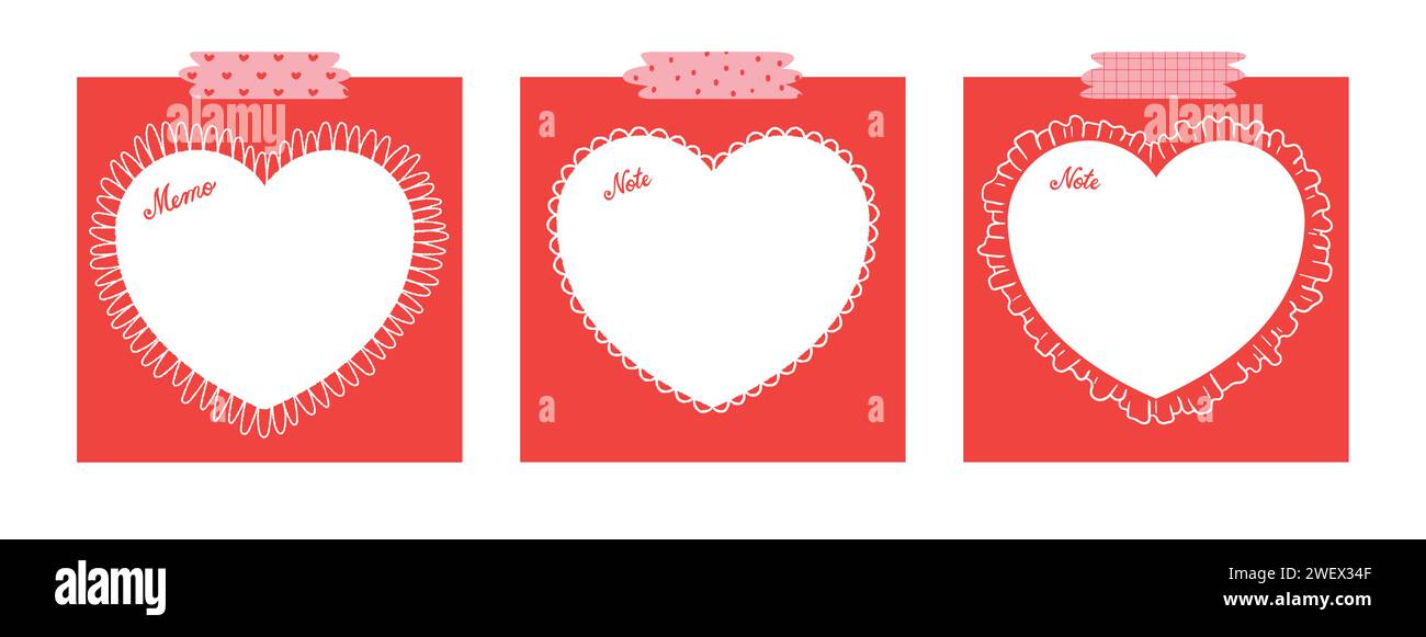 Set of cute heart notepad with tape hand drawn vector illustration for ...