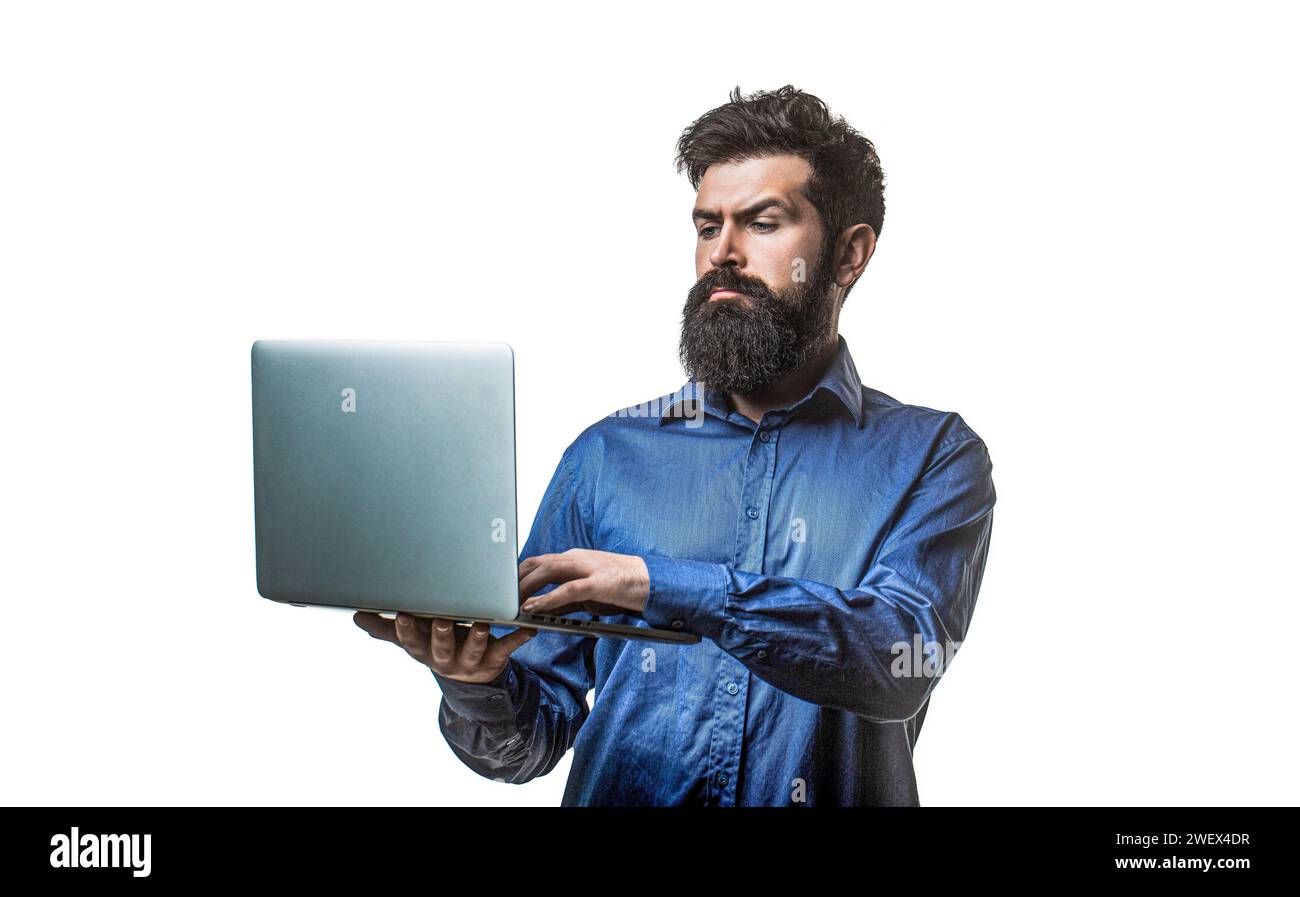 Bearded male businessman holding a computer in his hands isolated on ...