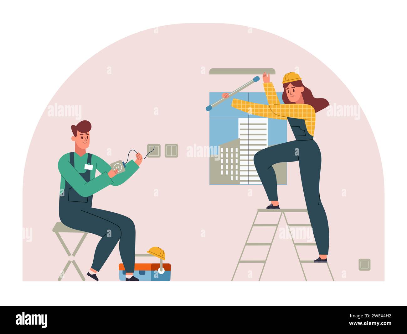 Professional electricians workers do necessary electrical installation ...