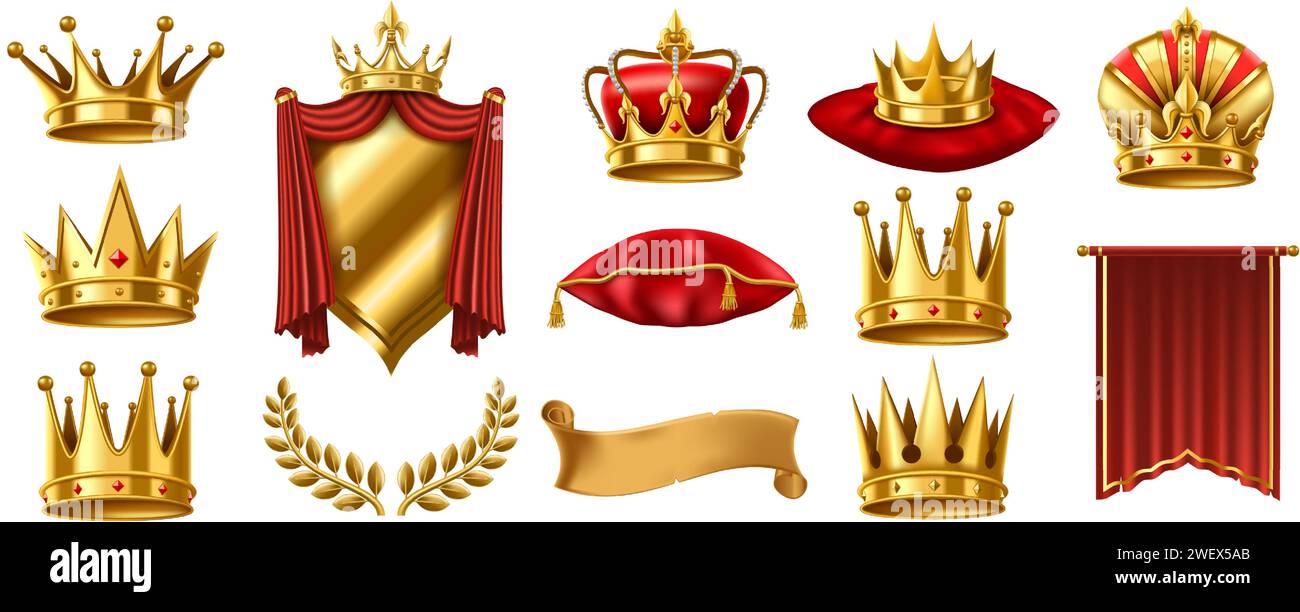 Realistic 3d Royal Elements Golden Crown On Red Pillow Crowned Shield