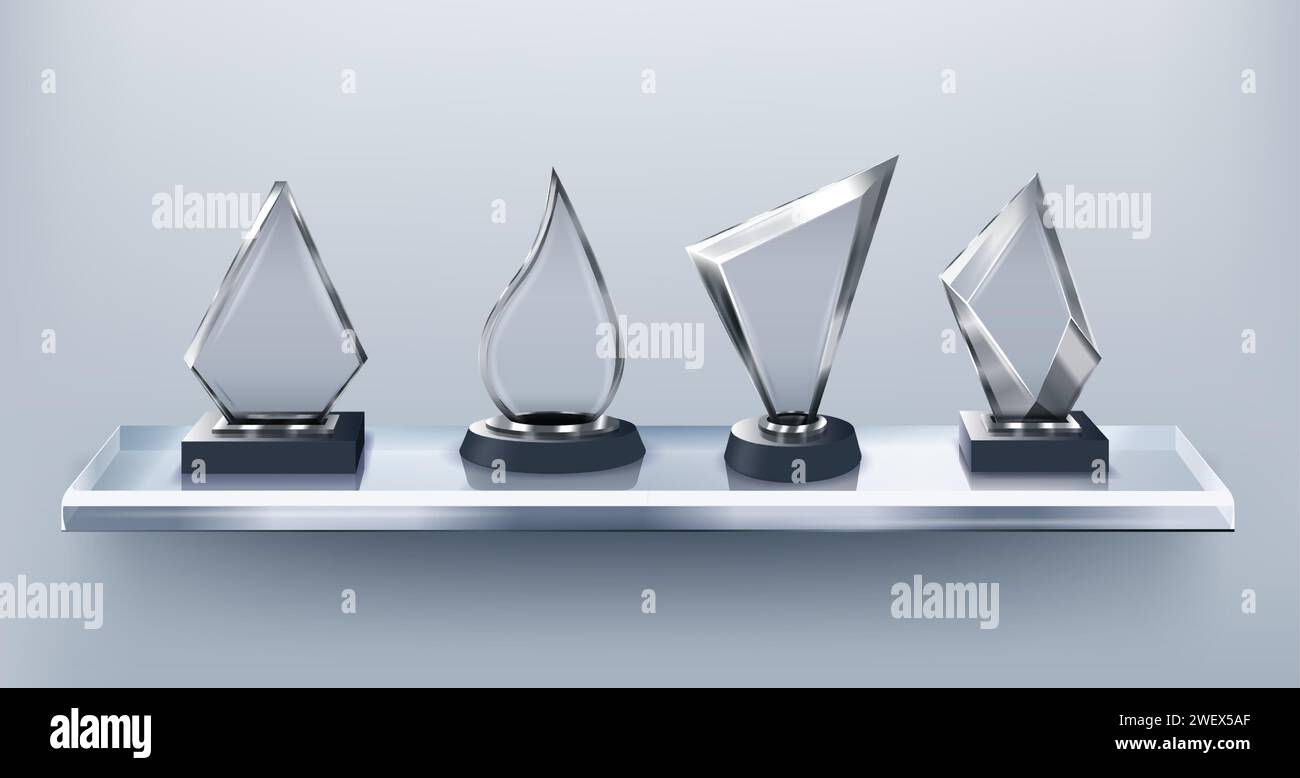 Glass awards on display shelf. Gallery of honor, clear transparent ...