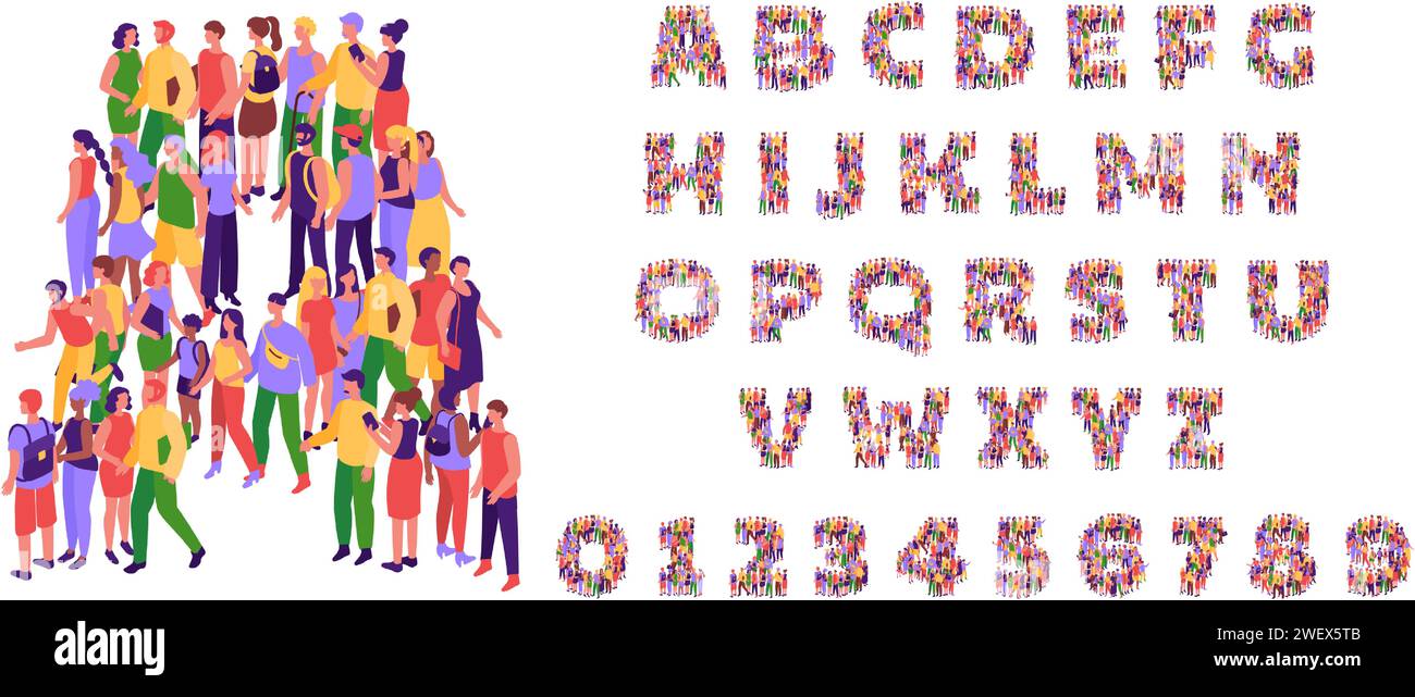 Creative top view crowd font. Isometric people alphabet letters and ...