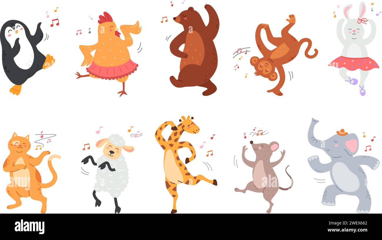 Cartoon dancing animals. Zoo characters in birthday party dance poses ...