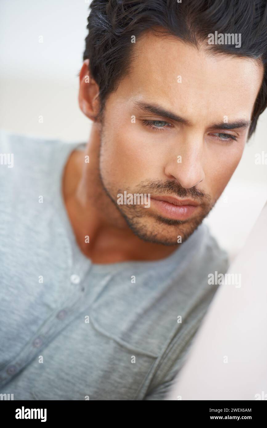 Thinking, face and man in a house with memory, reflection or ...