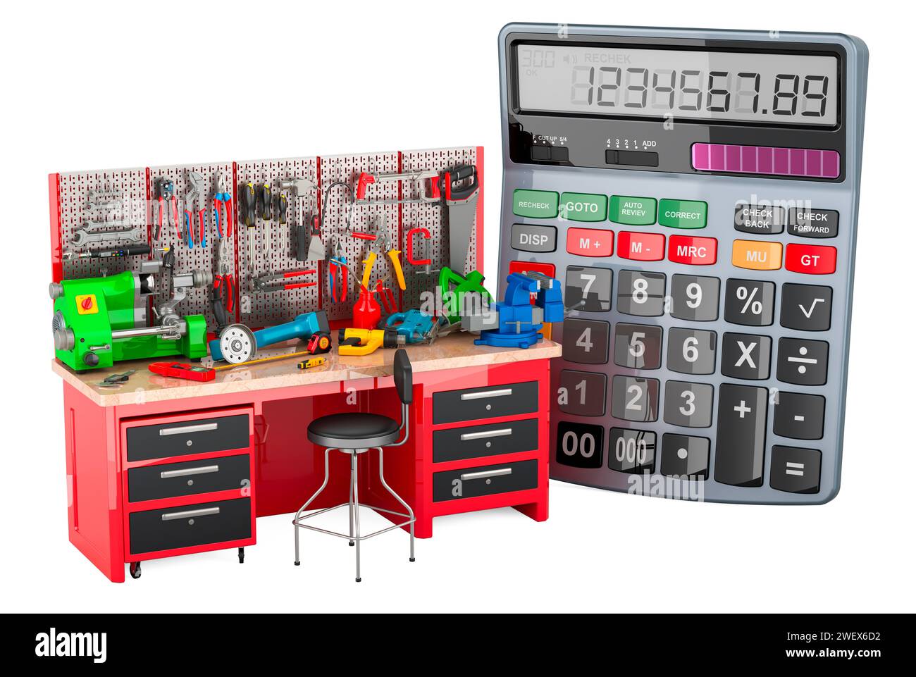 Maintenance work table with tools and calculator, 3D rendering isolated ...