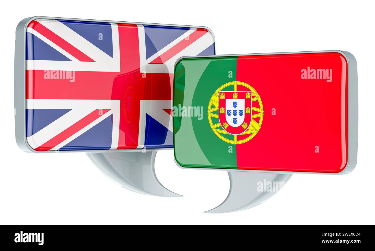 Speech balloons with British and Portuguese flags. English-Portuguese ...