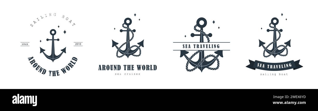Set of sea traveling logos. Vintage stamps with anchor icons. Maritime ...