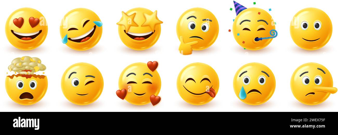 Funny 3d emoji faces. Yellow emoticon with love hearts and star eye ...