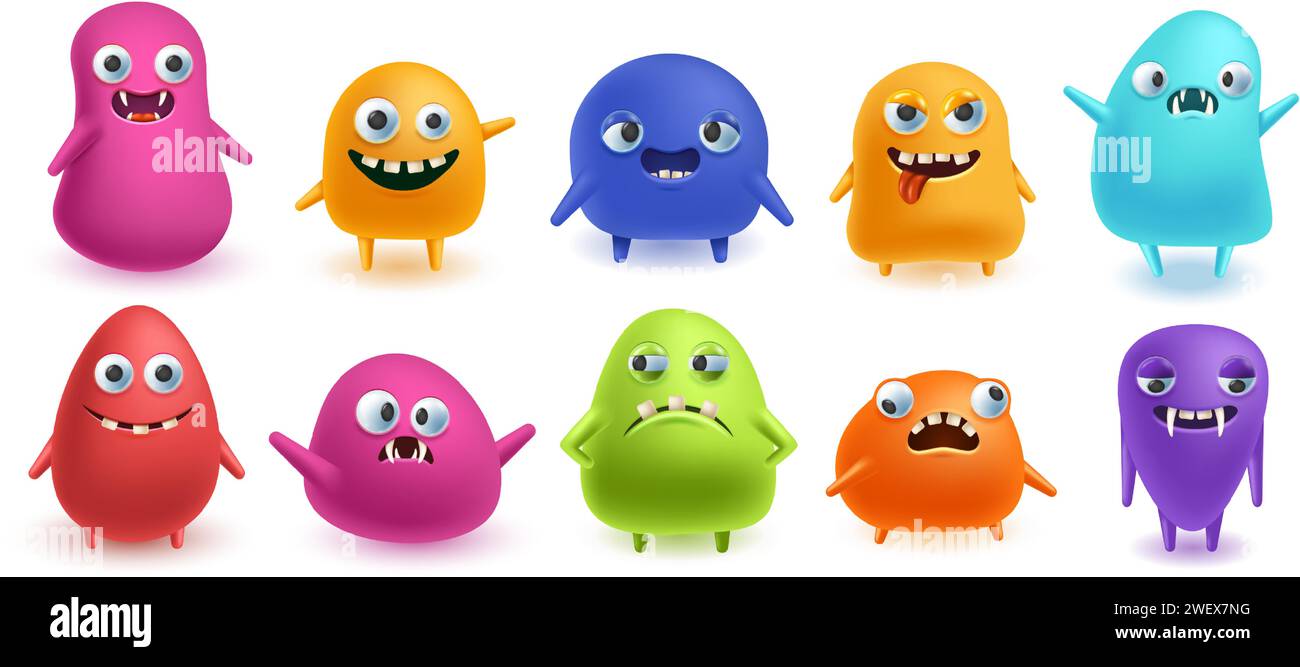 Funny monsters. Blob shape creatures with silly 3D faces, color jelly ...