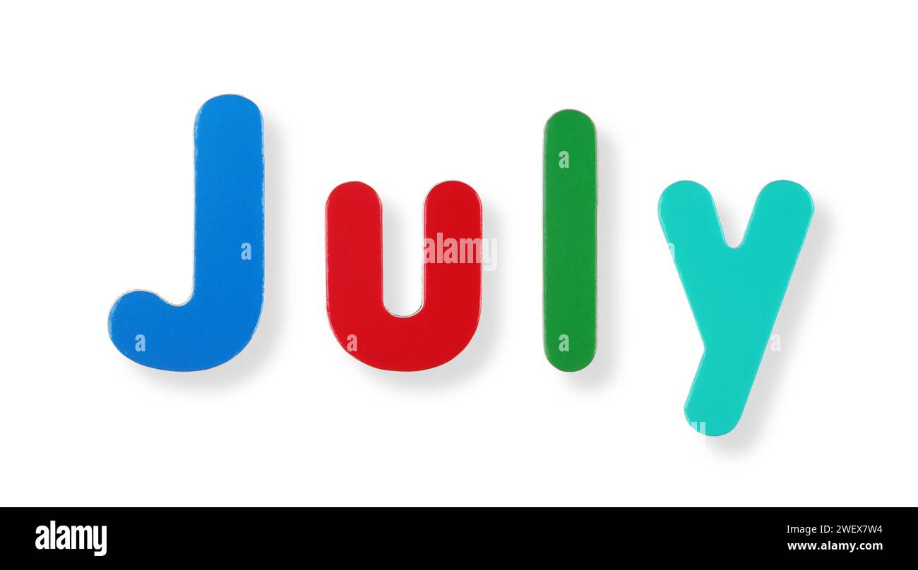 July word in coloured magnetic letters Stock Photo - Alamy