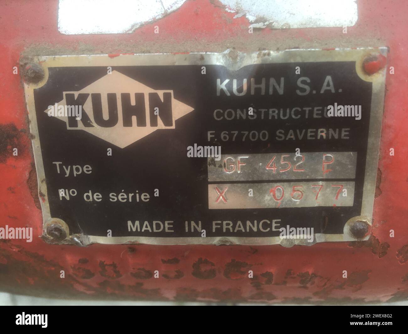 Type plate of an old hay tedder Kuhn on a swedish farm Stock Photo - Alamy