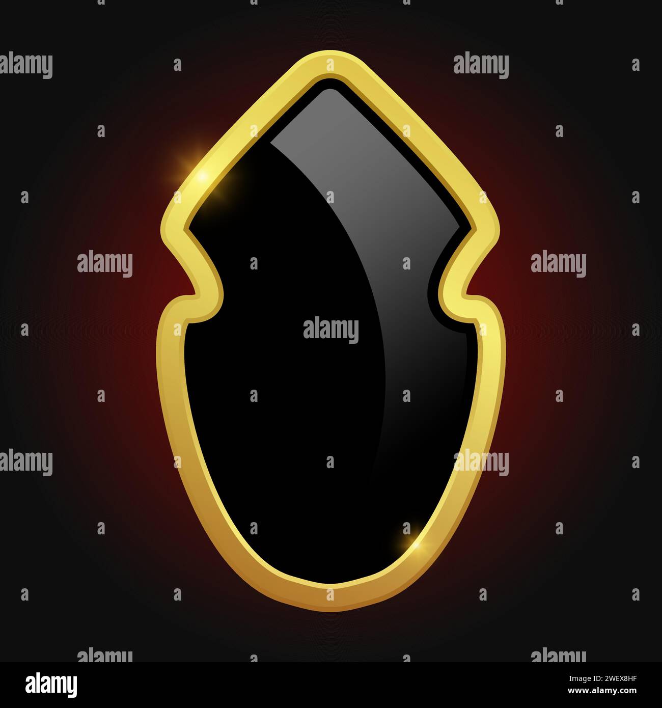 Black shield with glossy bright golden frame isolated on red background ...