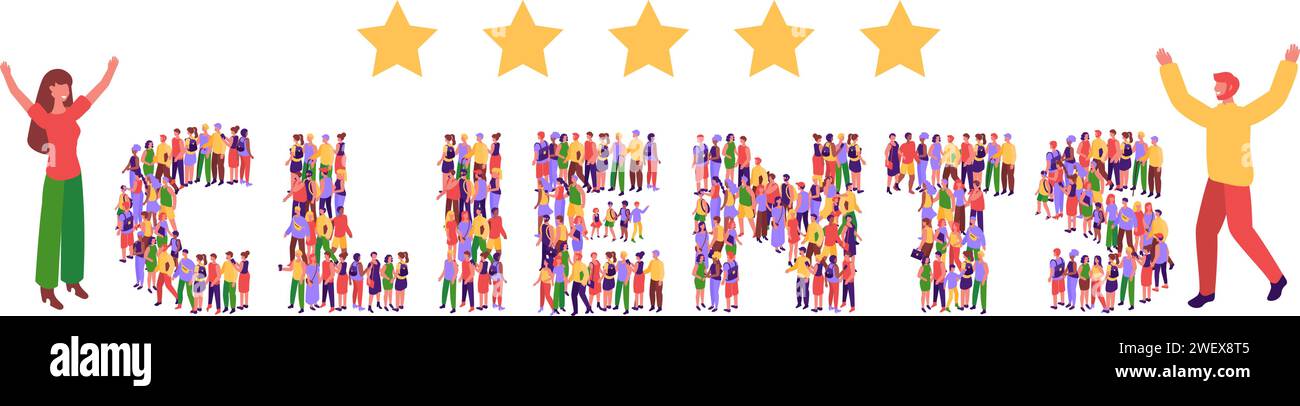 Clients feedback. Happy customer appreciation, five gold stars client ...