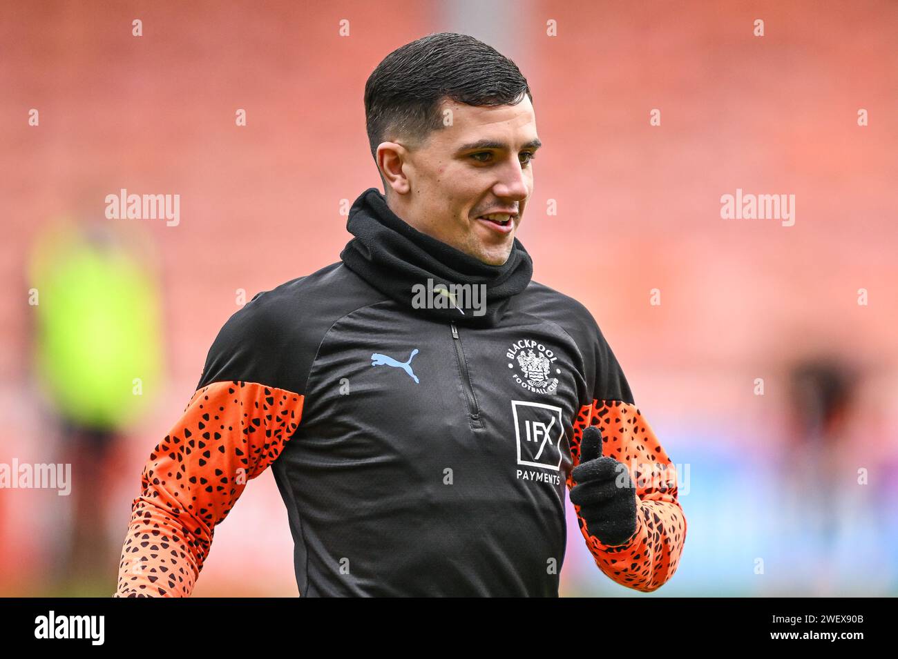 Albie Morgan of Blackpool during the pre-game warmup ahead of the Sky ...