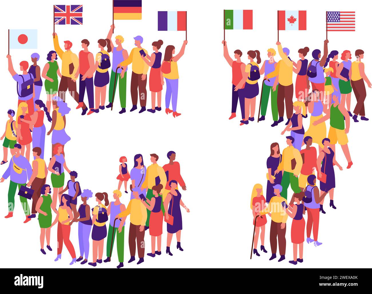 G7 countries people. Community holding flags of United Kingdom, Germany ... G7 countries people. Community holding flags of United Kingdom, Germany ...