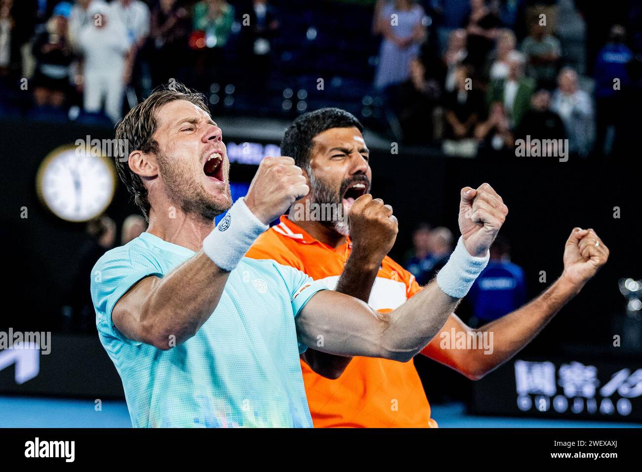 Melbourne, Australia. 27th Jan, 2024. Rohan Bopanna (R)/Matthew Ebden celebrate after winning ...