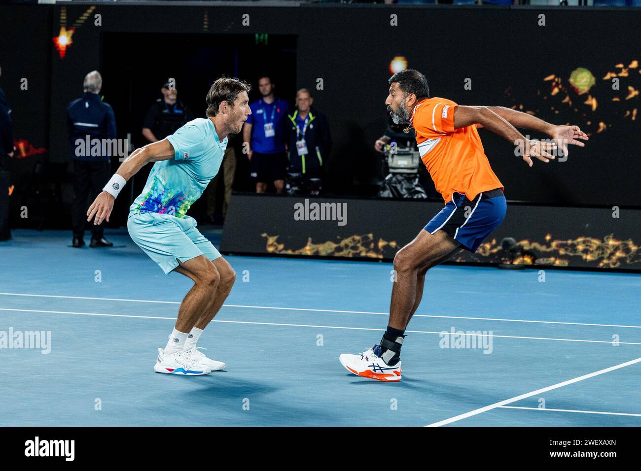 Melbourne, Australia. 27th Jan, 2024. Rohan Bopanna (R)/Matthew Ebden celebrate after winning ...