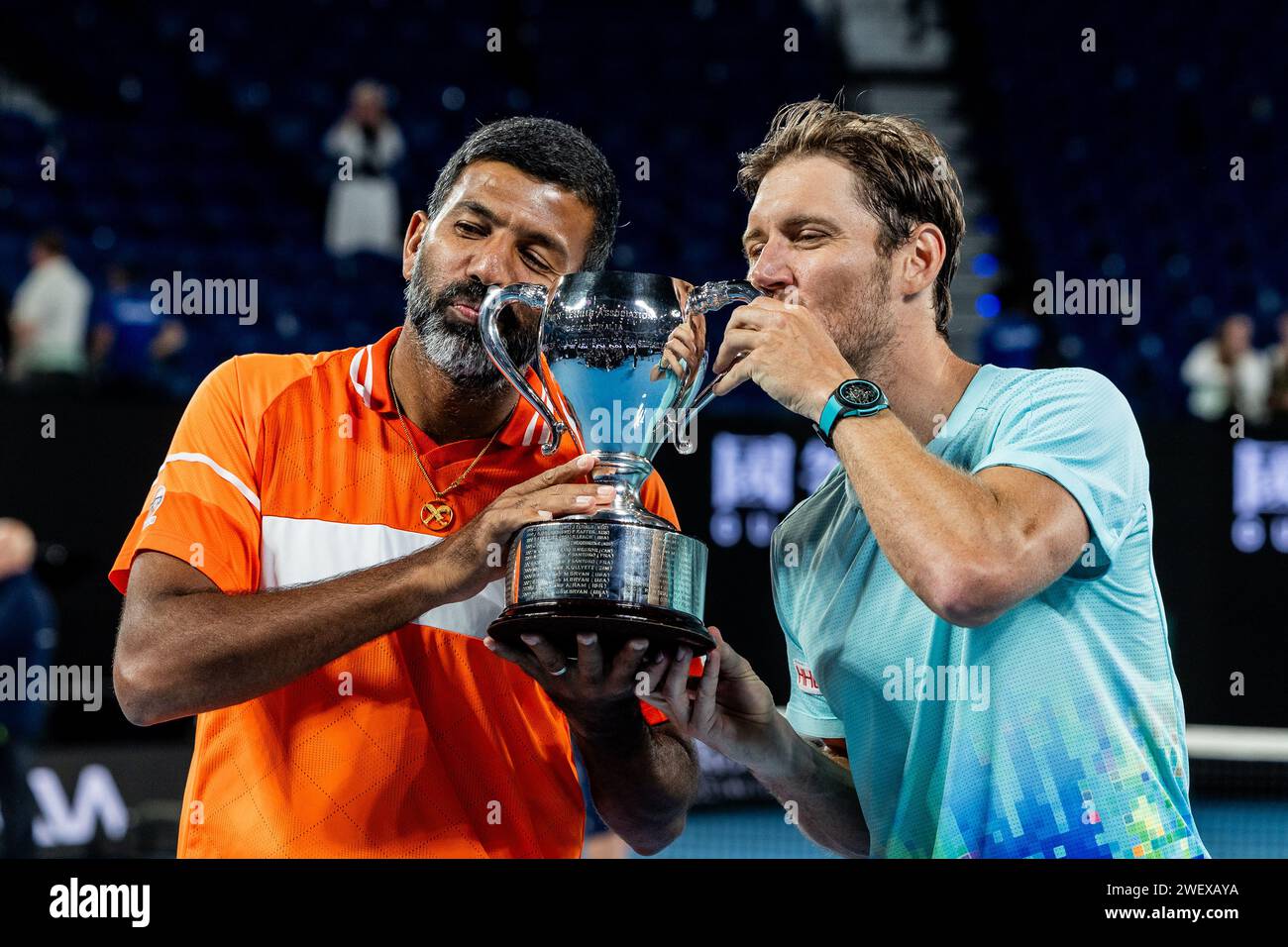 Melbourne, Australia. 27th Jan, 2024. Rohan Bopanna (L)/Matthew Ebden pose for photos during the ...