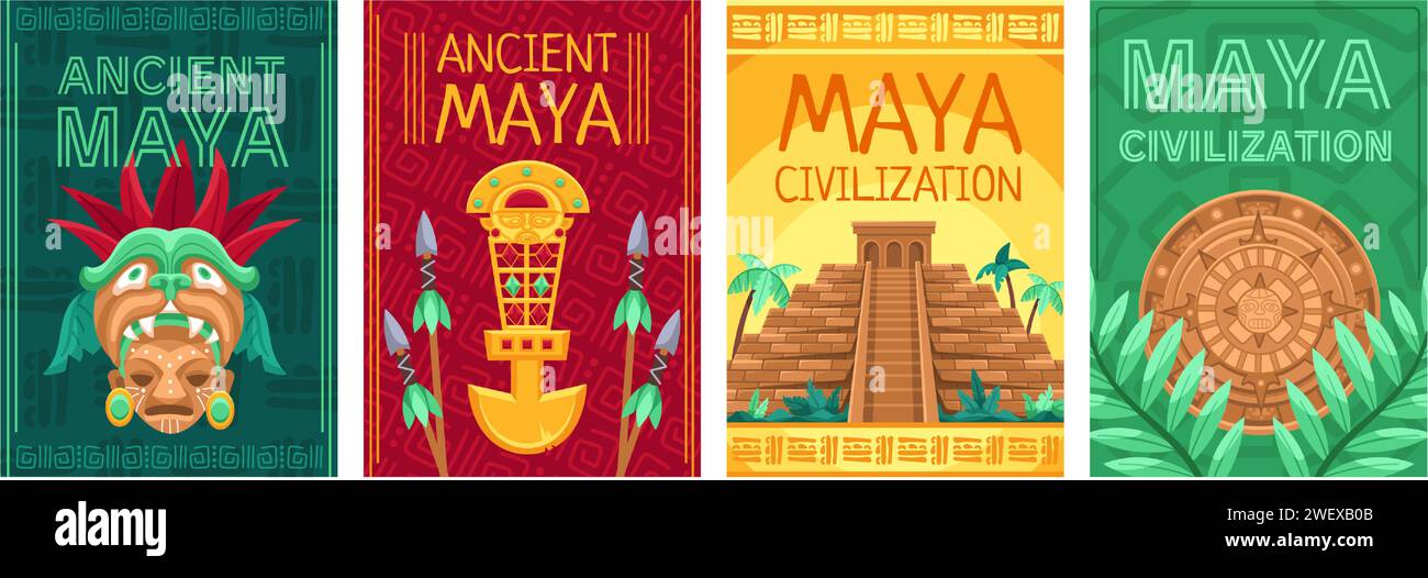 Maya civilization posters. Ancient traditional mask, pyramid and Maya ...