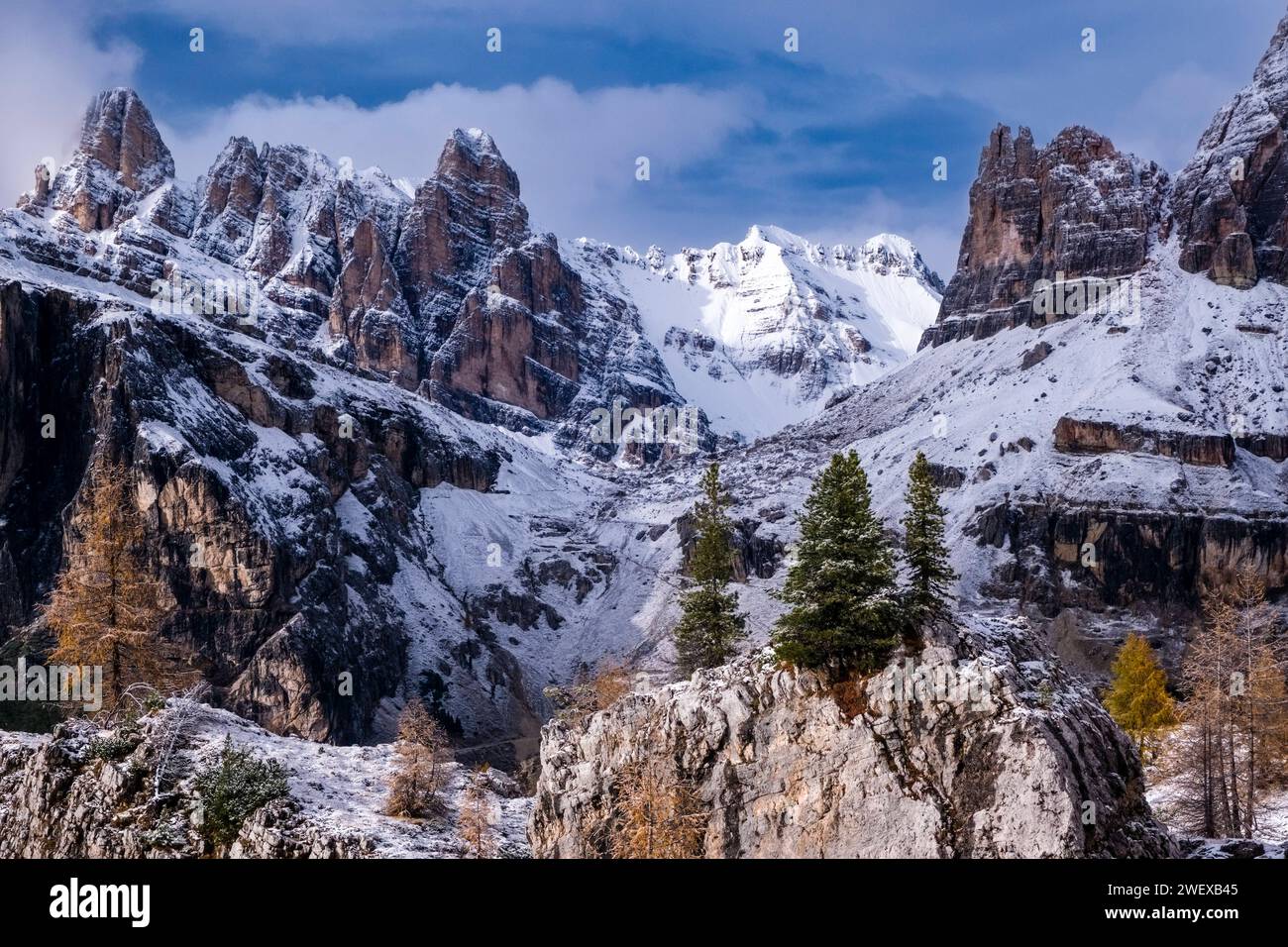 Snow-covered summits of the mountains Monte Ciaval and Monte Casale ...