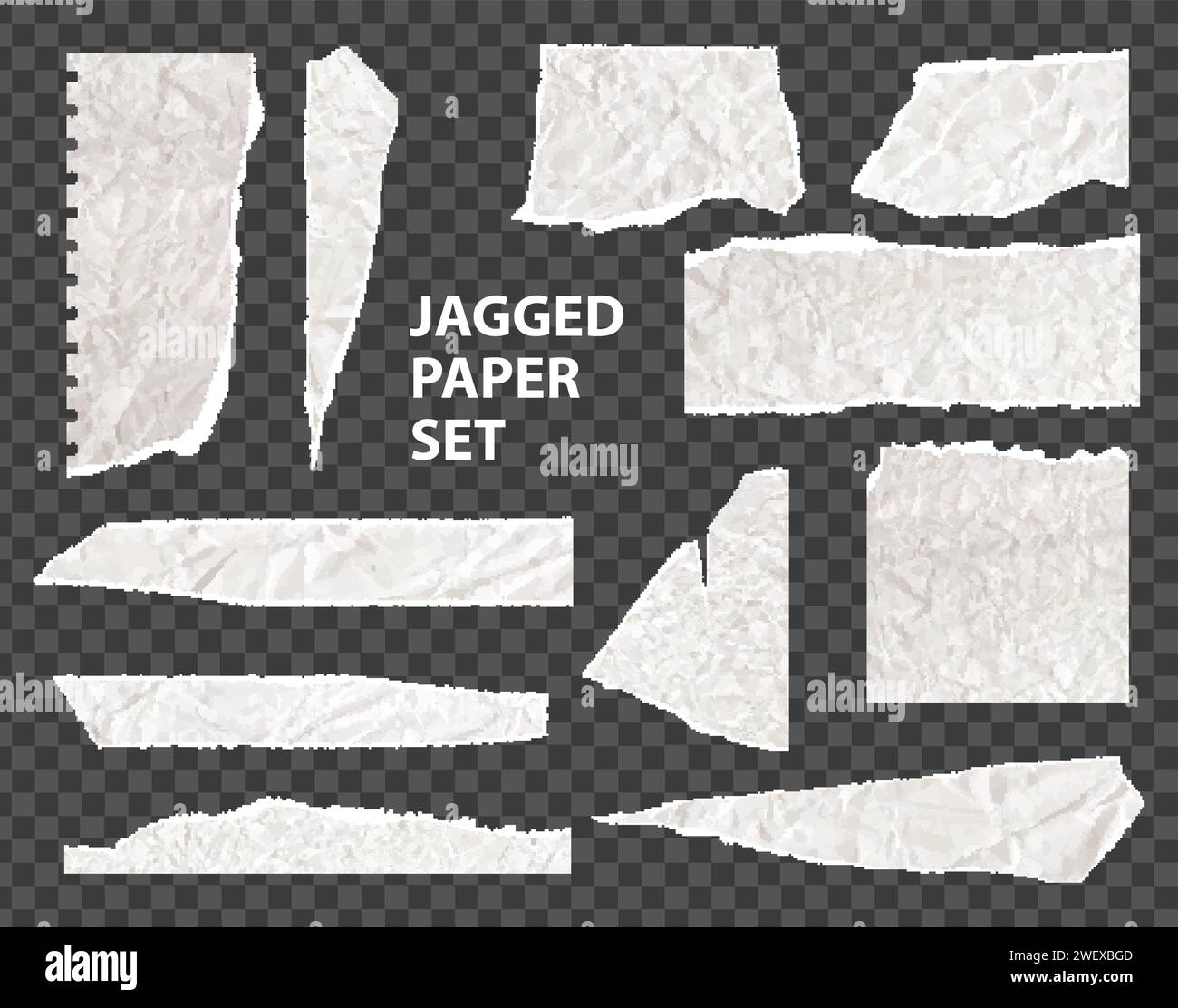 Set of torn paper pieces. White grunge jagged borders, corners and ...