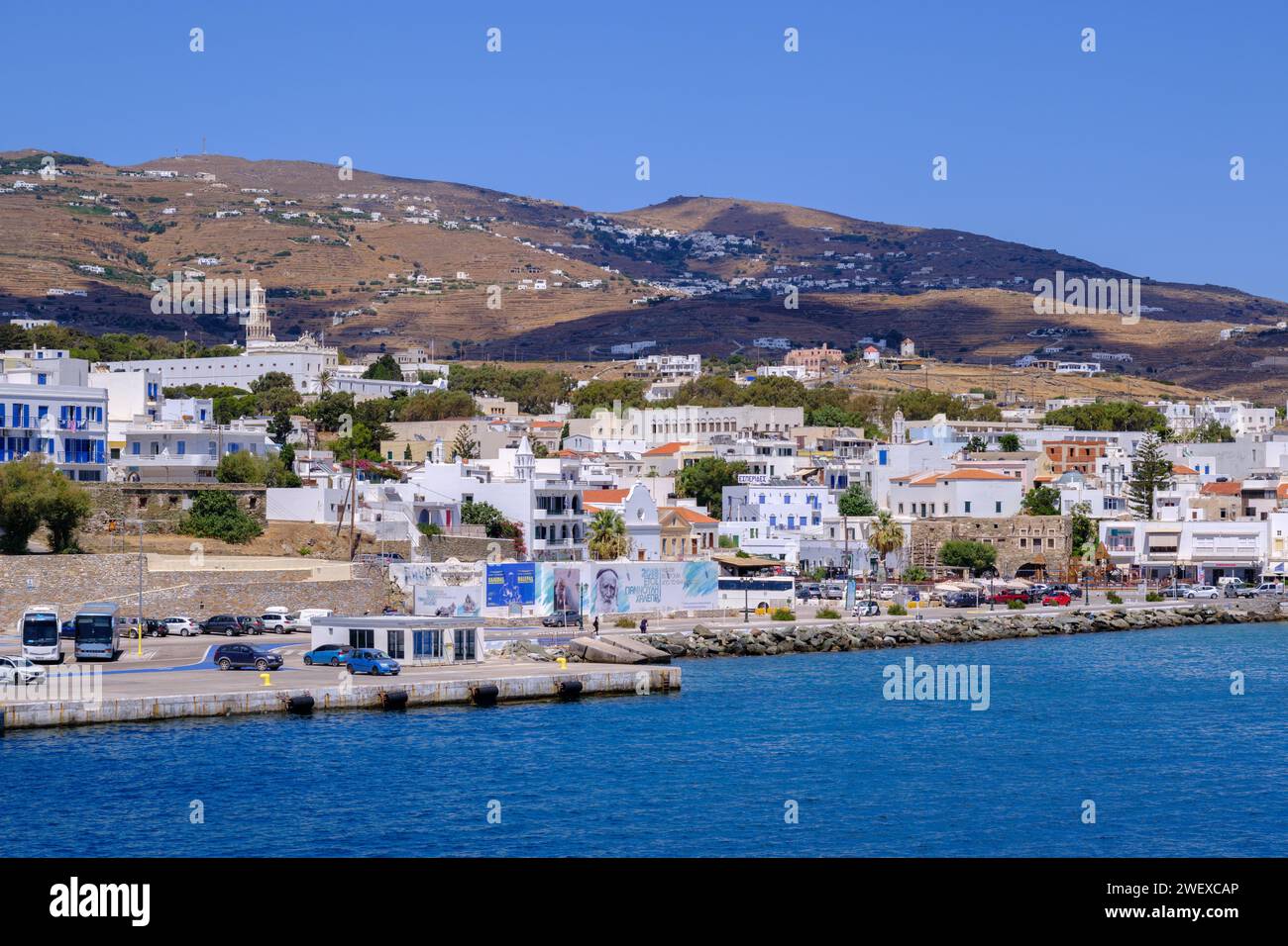 Tinos, GR - 6 August 2023: Panoramic view of Chora, Tinos island ...