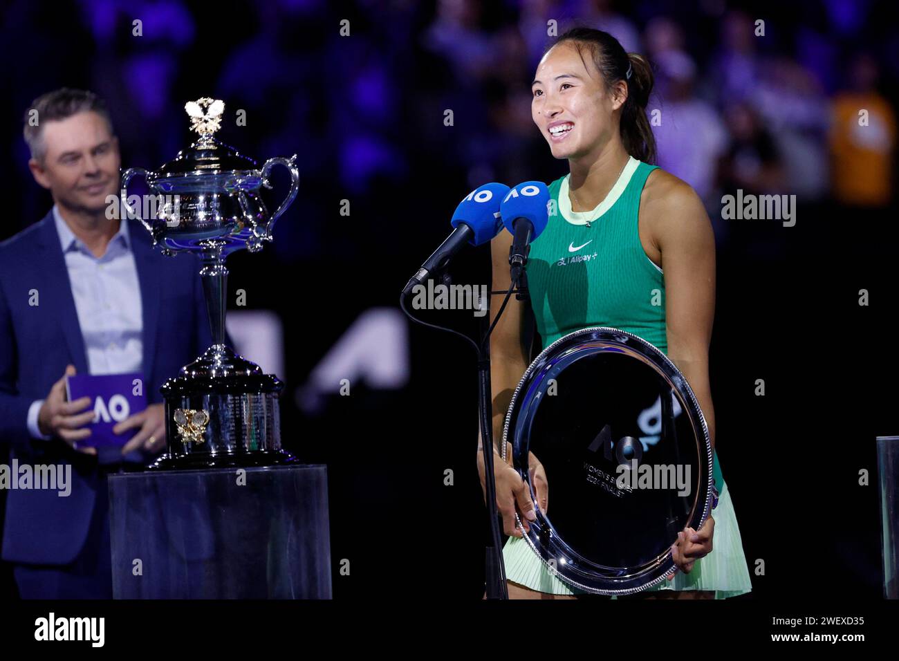 Qinwen Zheng (CHN) with running up trophy after lost their match against Aryna Sabalenka on day ...