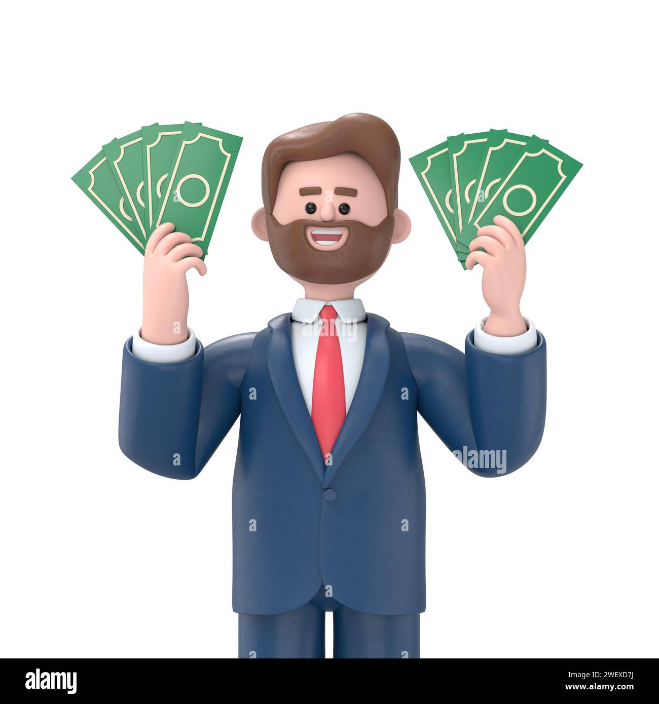 3D illustration of businessman with banknotes of money in his hands ...