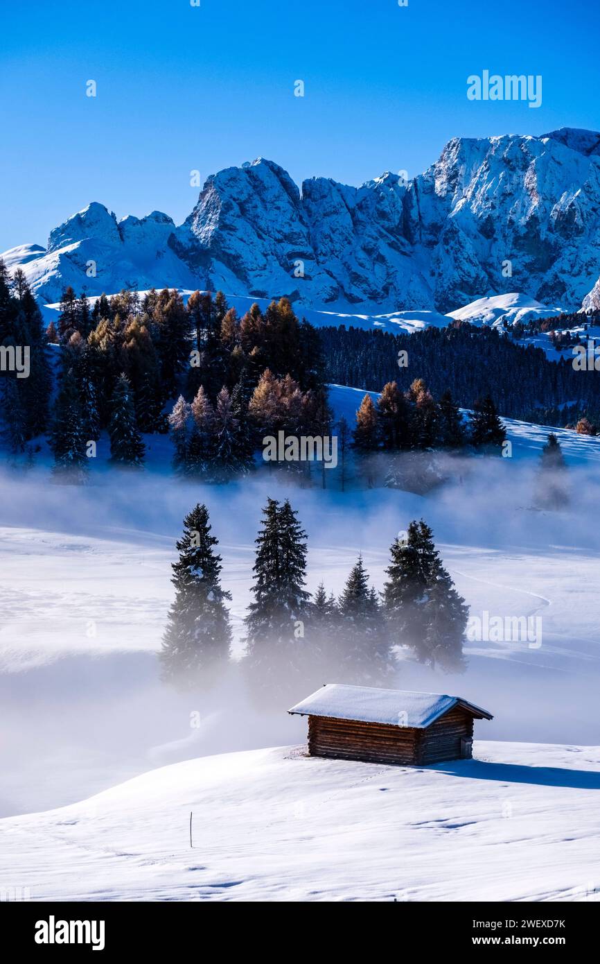 Hilly agricultural countryside with fog, wooden huts and snow-covered ...