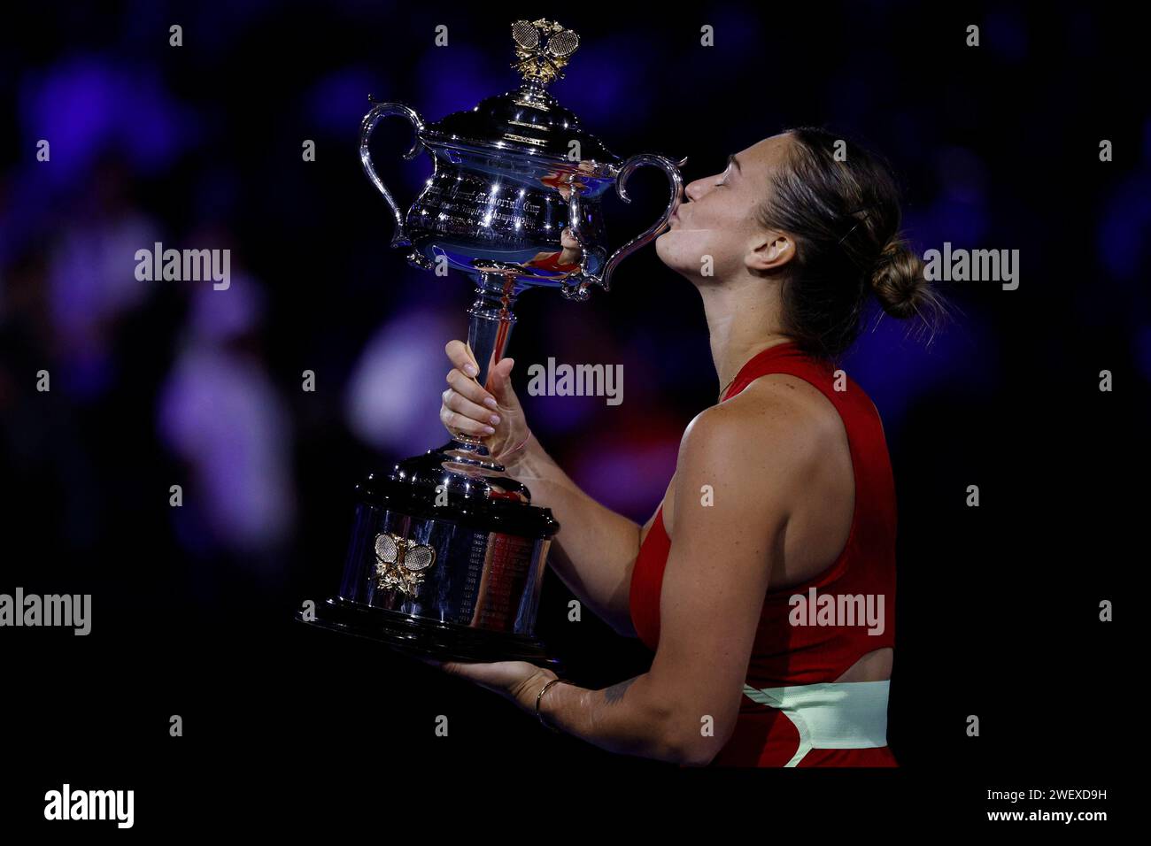 Aryna Sabalenka lifts the trophy after won the finals against Qinwen Zheng (CHN) 27th January ...