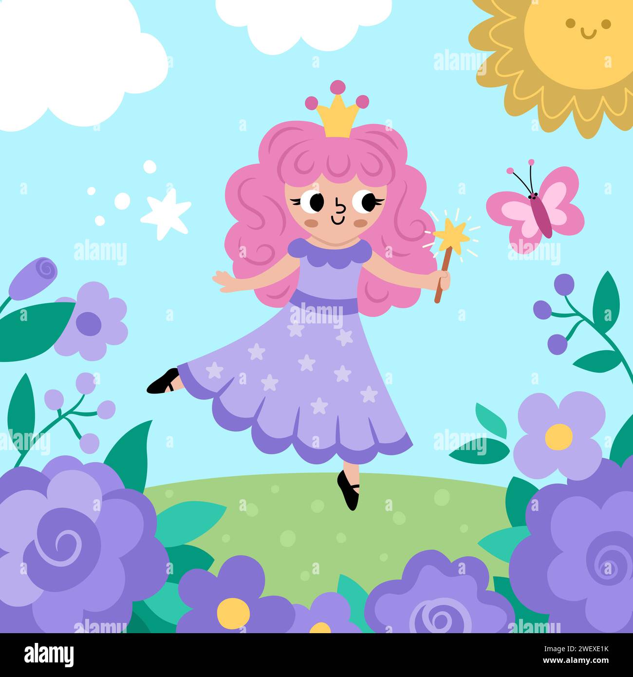 Vector square background with fairy princess on green field with purple ...