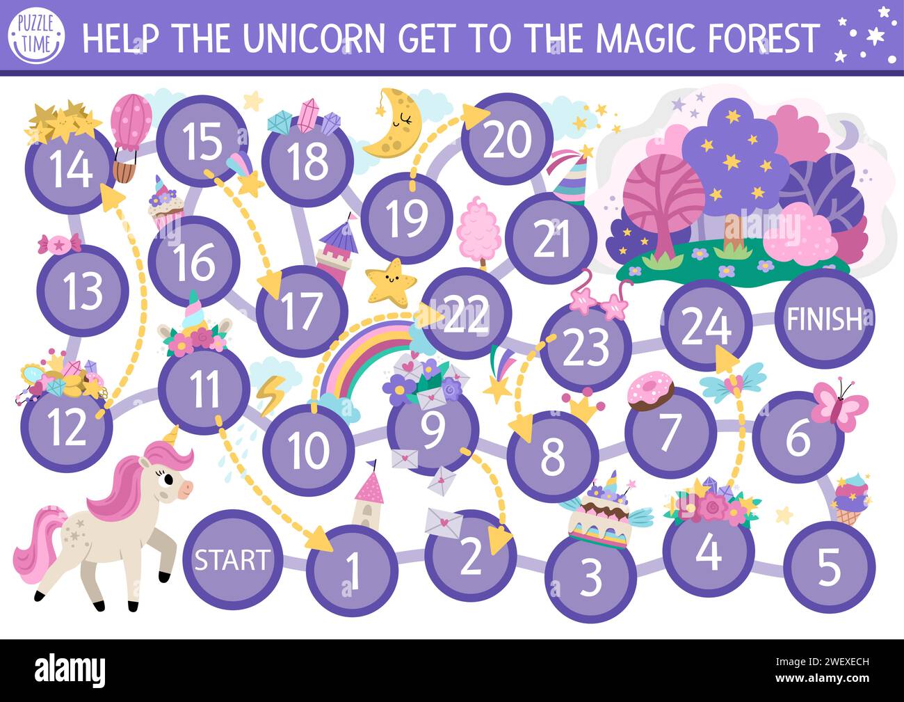 Unicorn dice board game for children with cute animals, fairy, rainbow ...