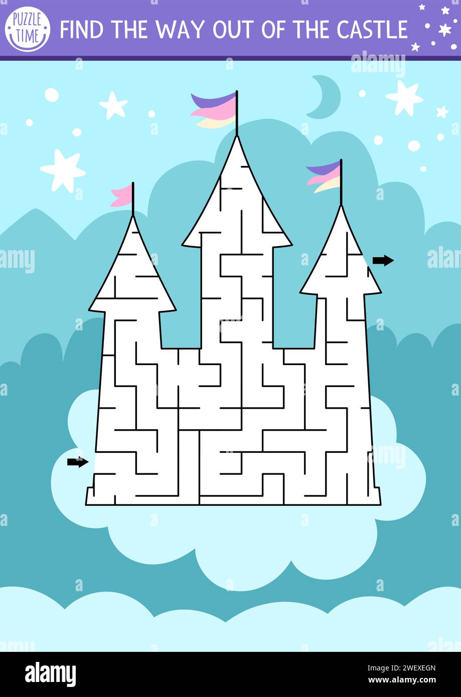 Fairytale geometrical maze for kids. Preschool printable activity ...