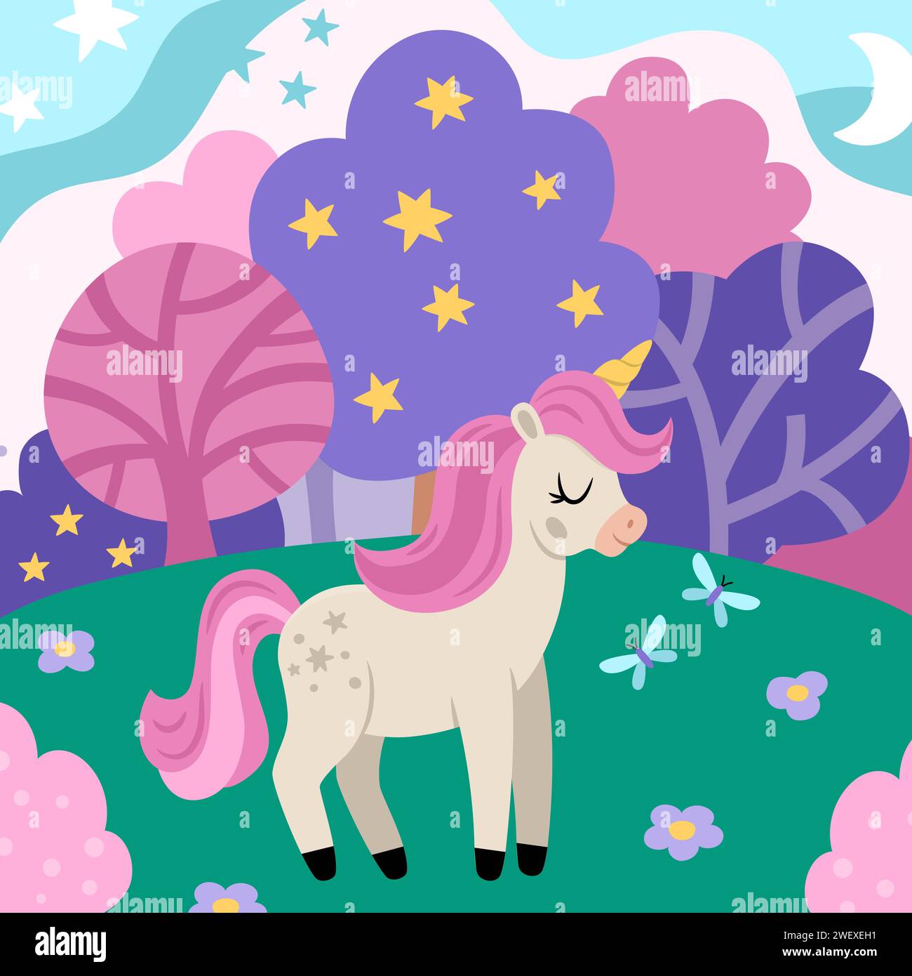 Vector square background with unicorn, field, magic forest, clouds ...