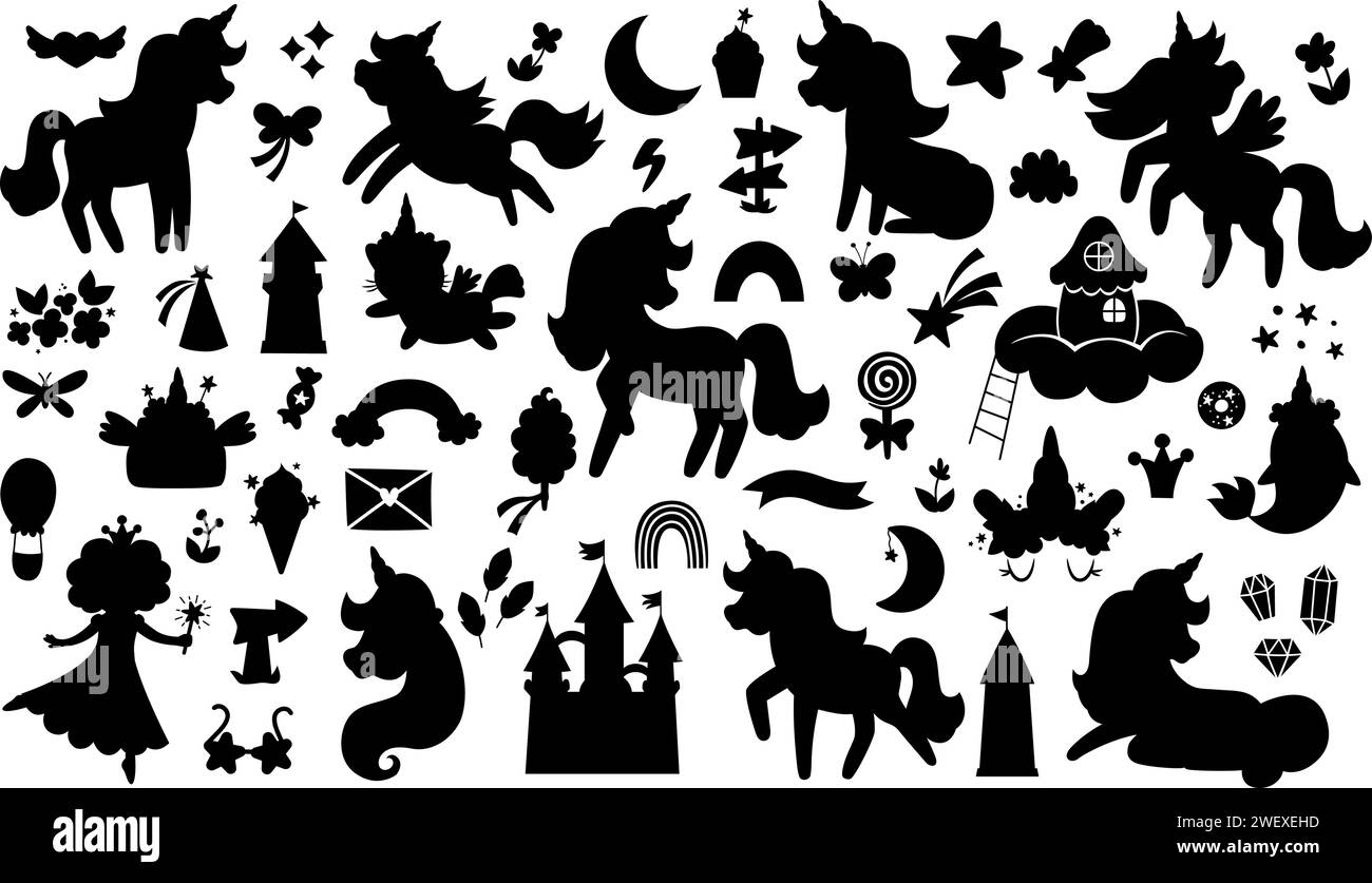 Vector unicorn silhouettes set. Fairytale black icons collection with ...