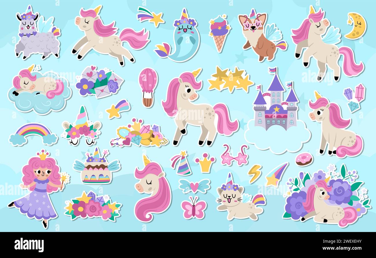 Big vector unicorn stickers set. Fairytale patch icon collection with funny fairy princess ...