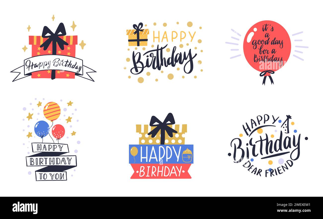 Happy birthday logo badge. Greeting lettering, cake, balloons and ...