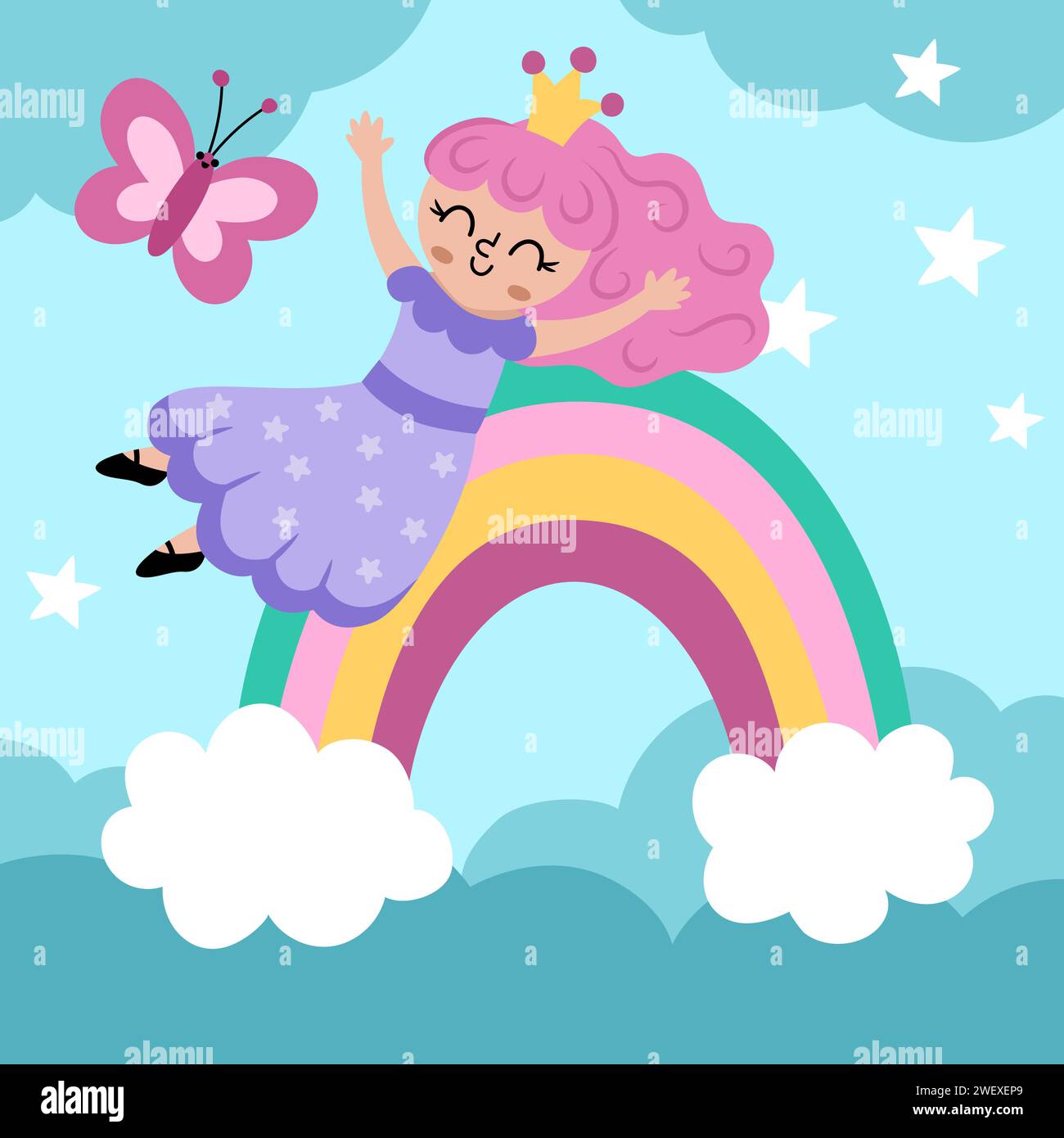 Vector square background with fairy princess sliding down the rainbow ...