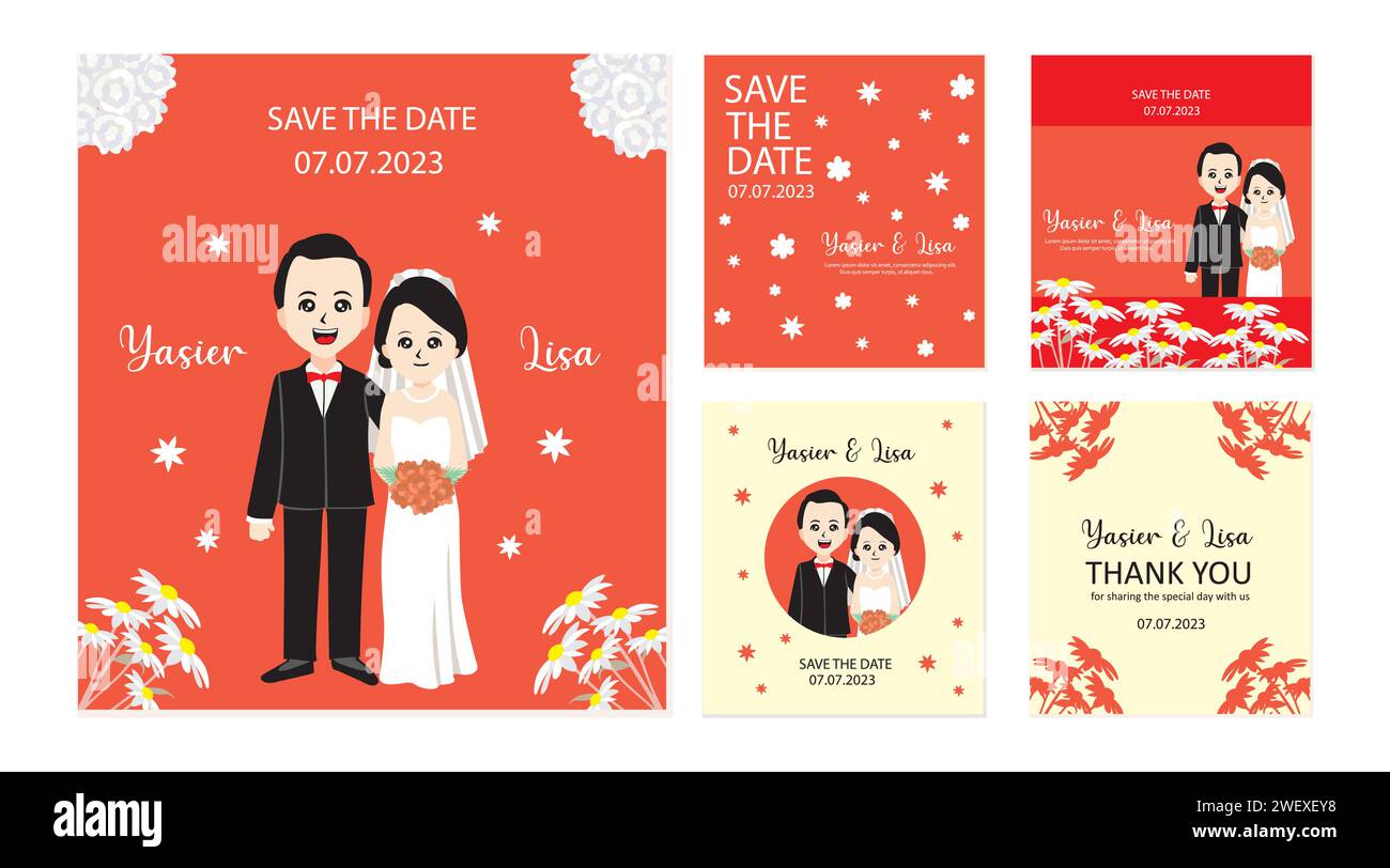 Wedding invitation cards with cute cartoon bride and groom. Vector ...