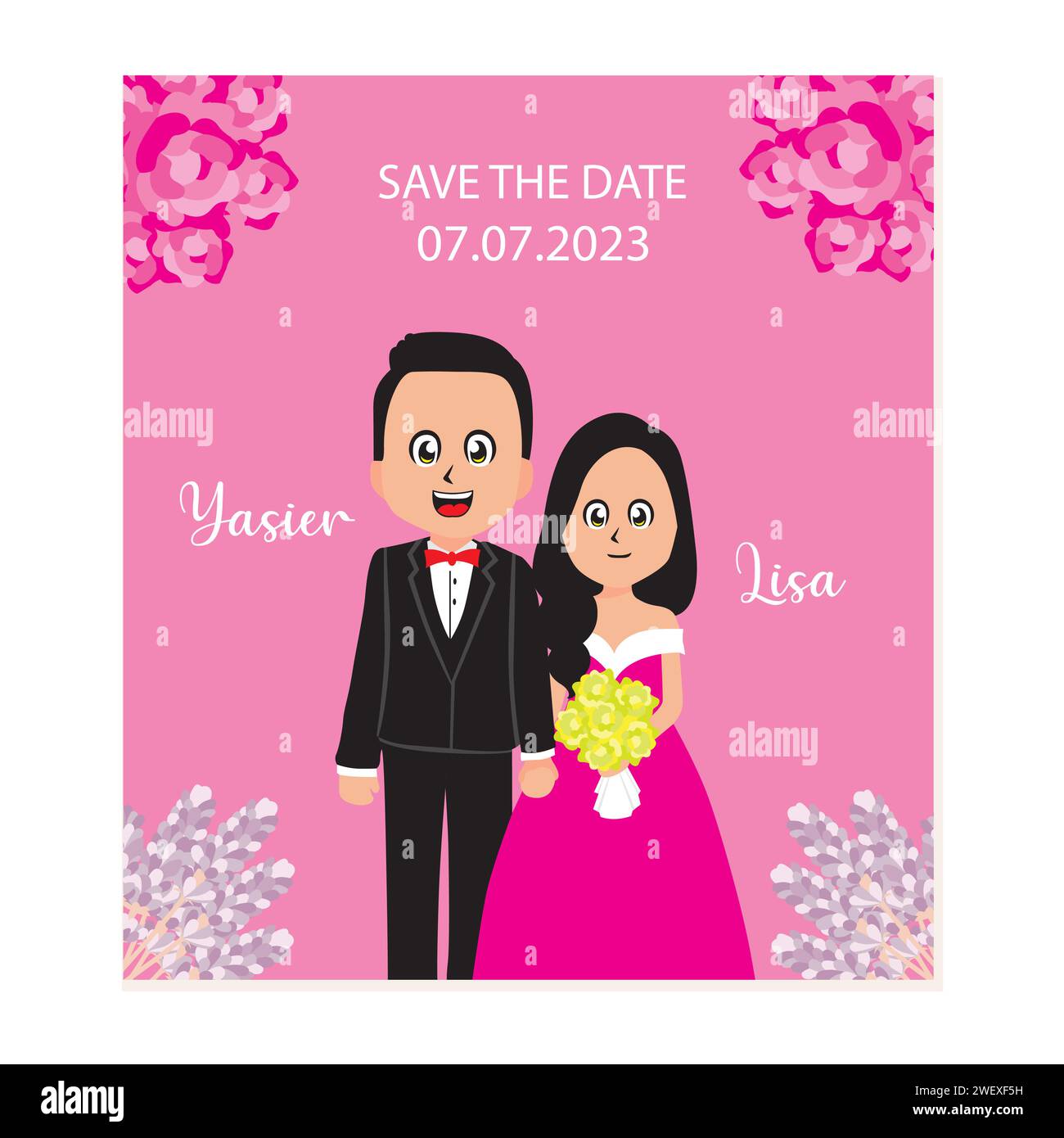 wedding invitation card with groom and bride vector illustration ...