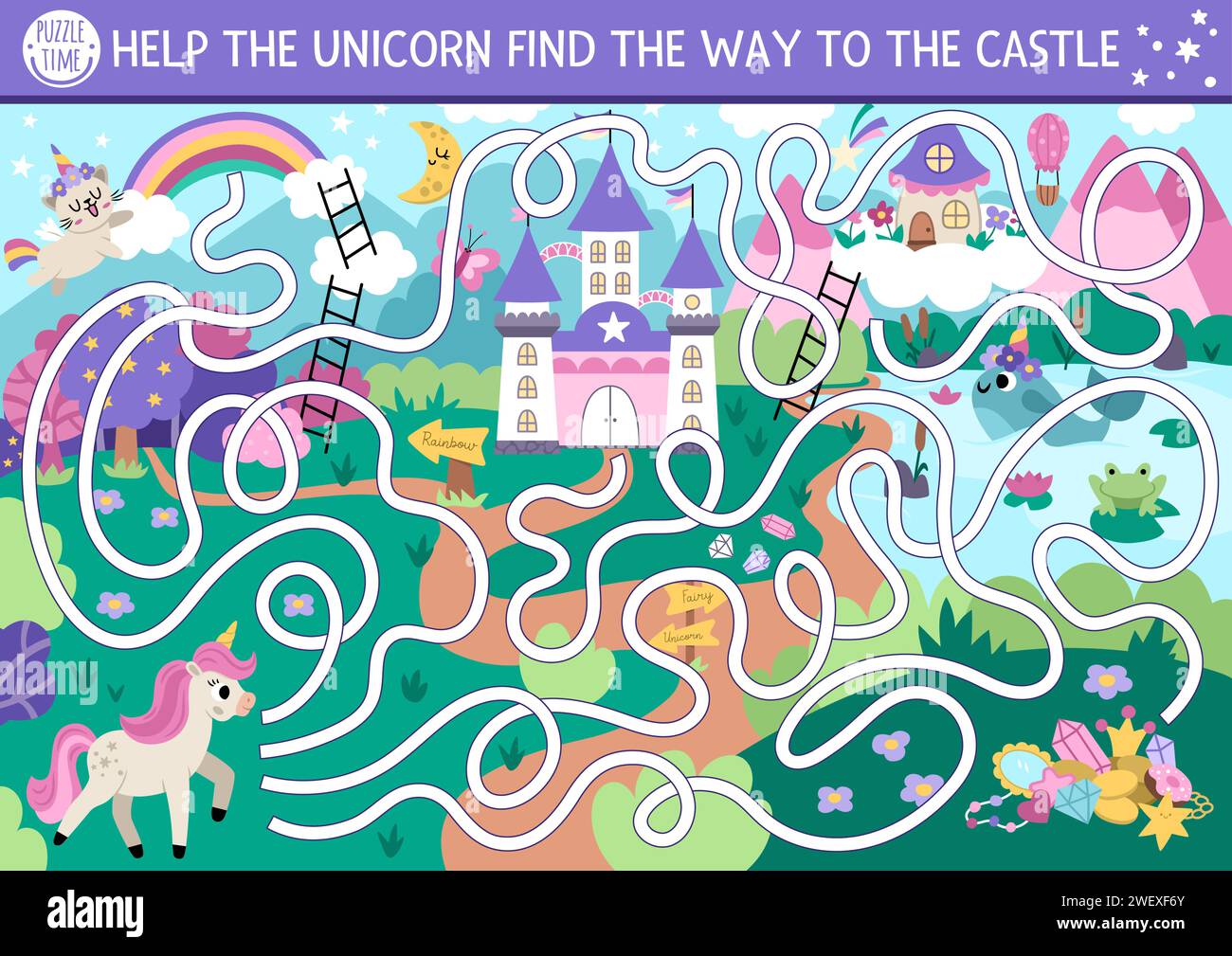 Unicorn maze for kids with fantasy country landscape, castle, fairy ...