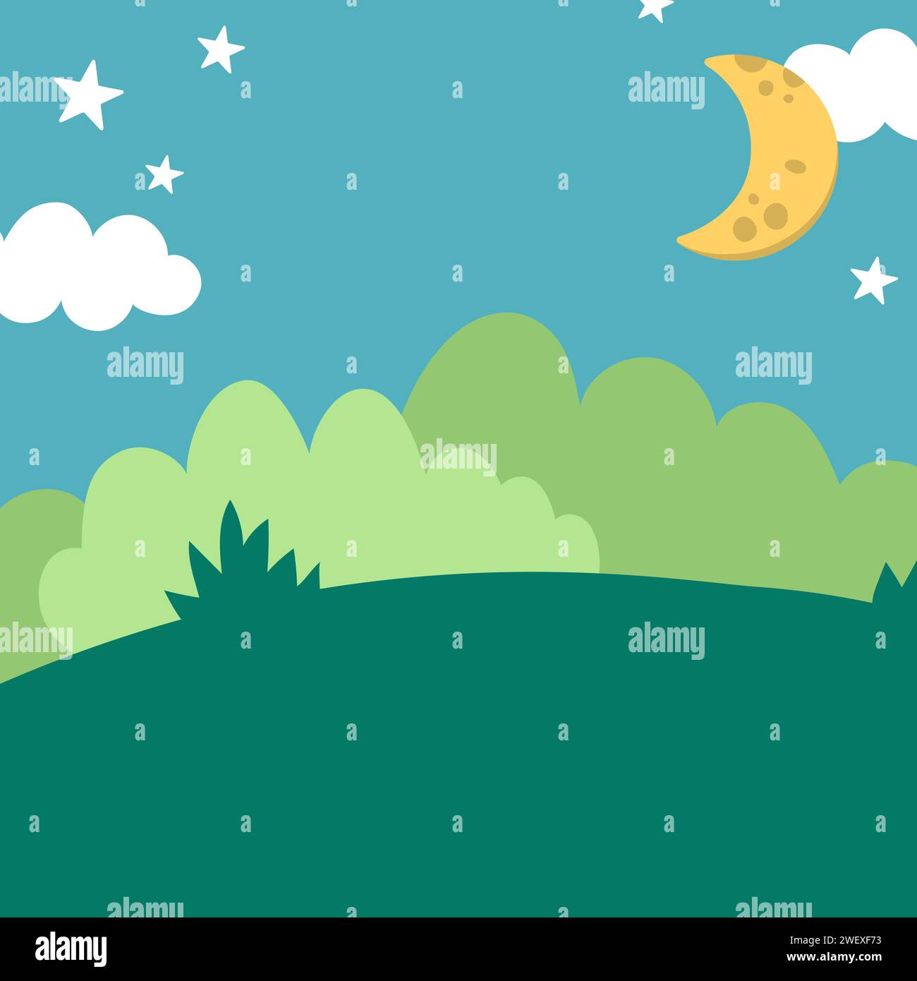 Vector blue abstract background with clouds, stars, half moon, green ...