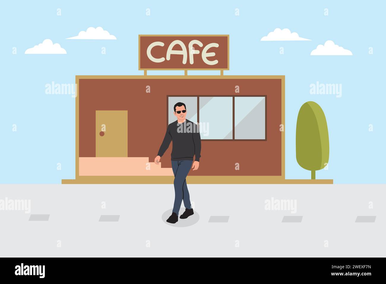 Vector illustration of a man walking in front of a coffee shop Stock ...