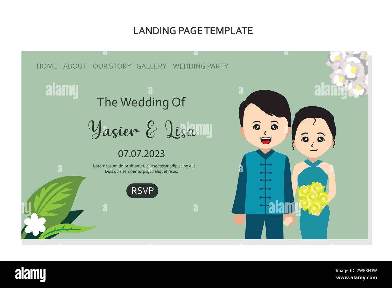 Landing page design template for wedding invitation with cute couple ...