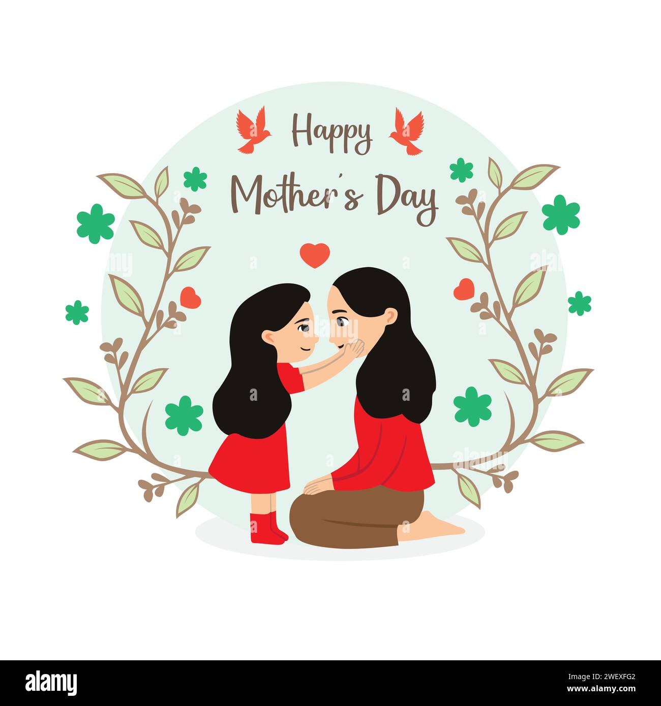 Happy mother's day greeting card with cute little girl kissing her ...