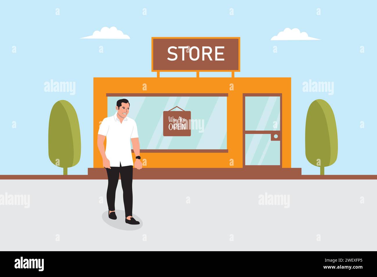 Man in front of store building. Vector illustration in flat style Stock ...