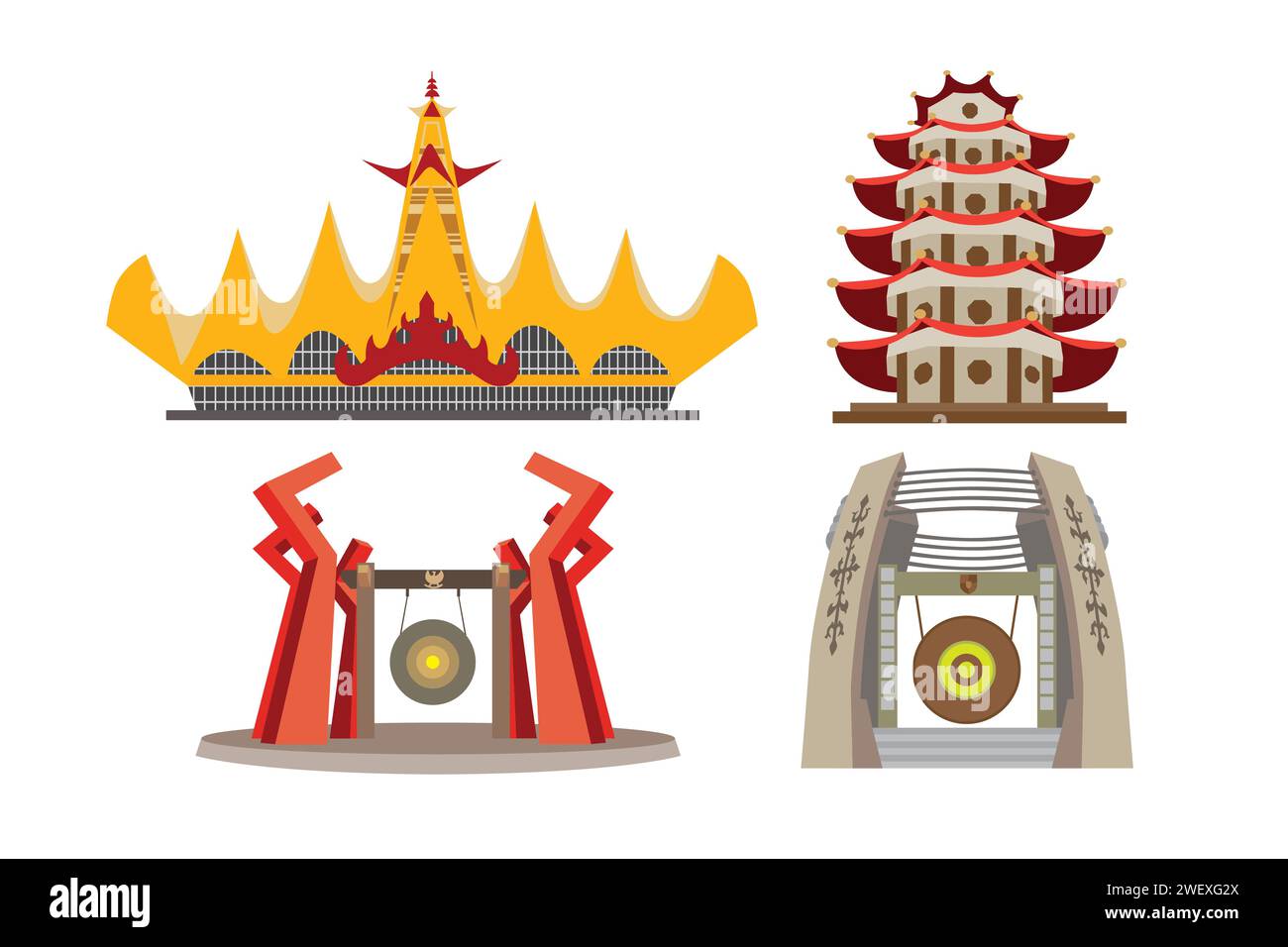 Chinese temples and pagodas set. Vector illustration in flat style ...